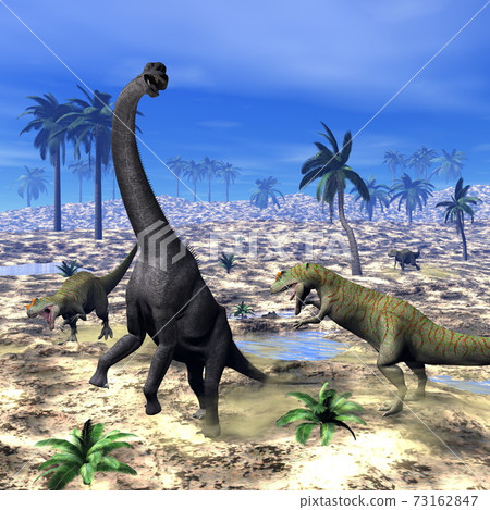 Allosaurus attacking brachiosaurus dinosaur -... - Stock Illustration ...