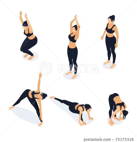 Isometric woman in yoga positions isolated on... - Stock Illustration ...
