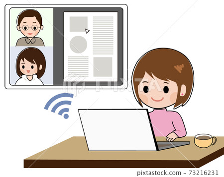 A woman teleworking while sharing a screen - Stock Illustration ...