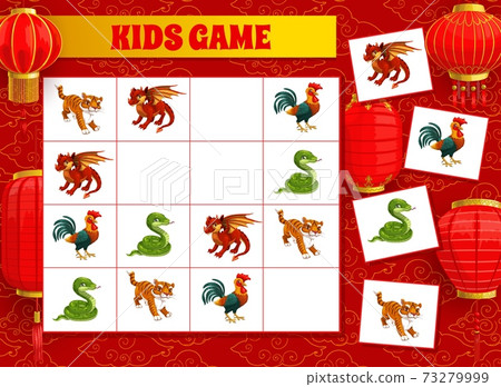 Child riddle, rebus with Chinese New Year animals - Stock Illustration ...