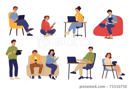 People surfing internet. Woman man using... - Stock Illustration ...