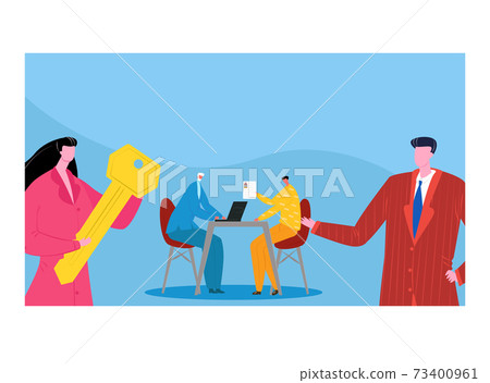 Businesswoman hold golden key, business... - Stock Illustration ...