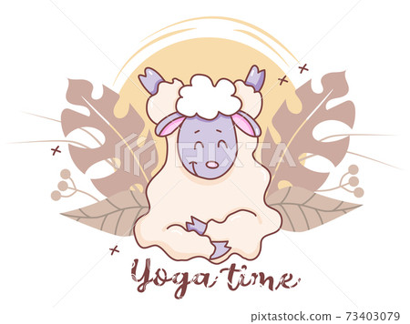 Pets yoga time. A cute lamb is engaged in yoga,... - Stock Illustration ...