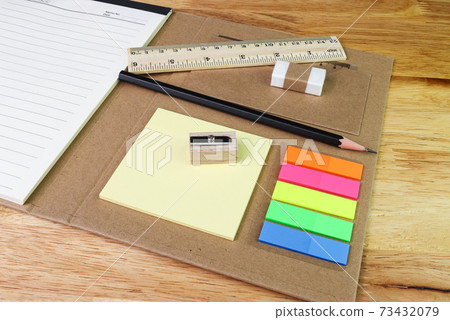 note paper colour and pencil eraser ruler with... - Stock Photo ...