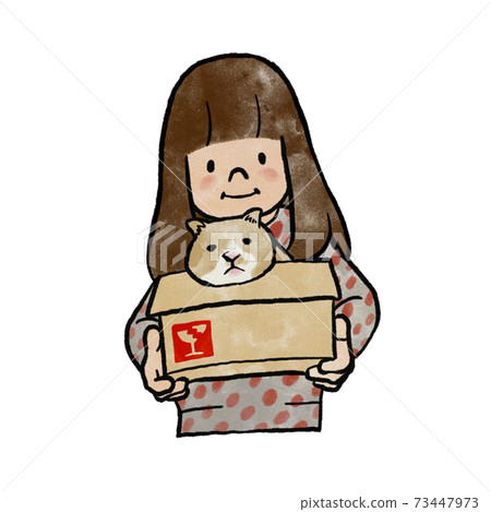Girl holding a box with a cat - Stock Illustration [73447973] - PIXTA