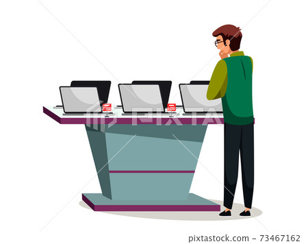 Pensive man choosing laptop in electronic store - Stock Illustration ...