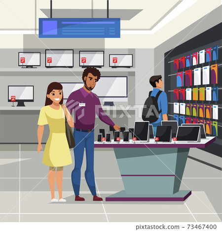 Shop assistant showing phone to woman customer - Stock Illustration ...