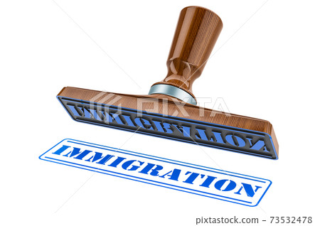 Immigration in stamp. Wooden stamper, seal with... - Stock Illustration ...