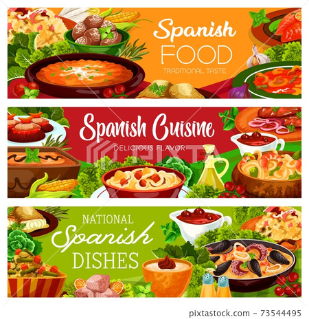 Spanish food banners, cuisine menu paella, tapas - Stock Illustration ...