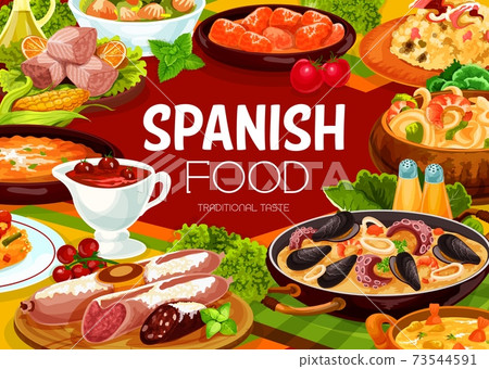 Spanish food cuisine menu paella and tapas seafood - Stock Illustration ...