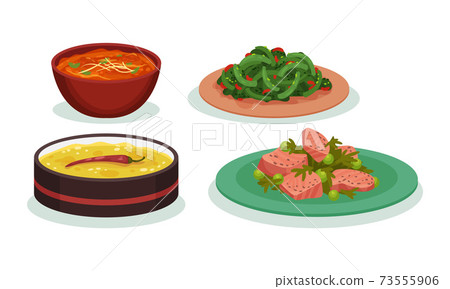 Different Dish and Main Courses Served on Plate... - Stock Illustration ...