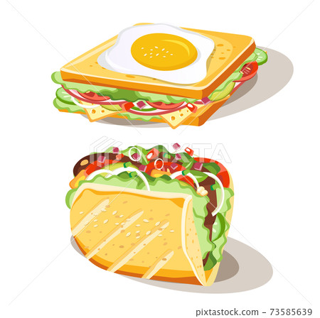 Breakfast sandwich set of food on white... - Stock Illustration ...