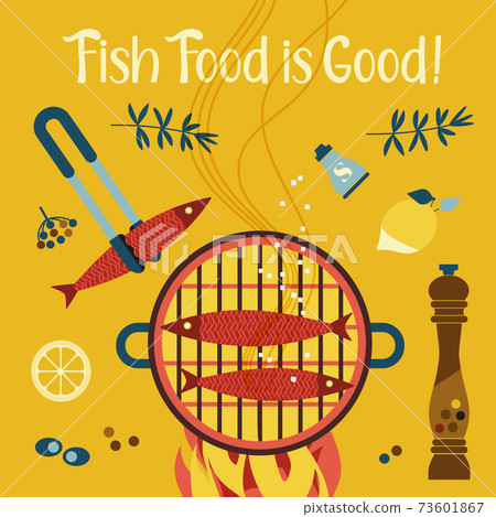 BBQ Fresh Fish cooking fat color vector poster - Stock Illustration ...