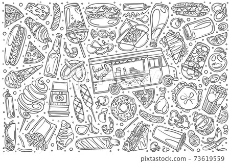 Hand drawn food truck set doodle vector background - Stock Illustration ...
