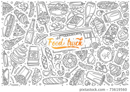 Hand drawn food truck set doodle vector background - Stock Illustration ...
