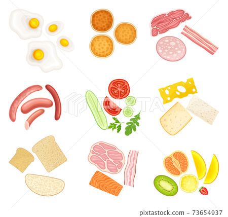 Floating Breakfast Ingredients with Bread... - Stock Illustration ...
