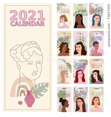 2020 Calendar Woman Face Minimal Line Art. Set... - Stock Illustration ...