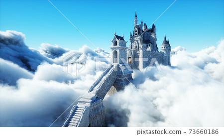 Fairytale palace in clouds. Aerial view.... - Stock Illustration ...