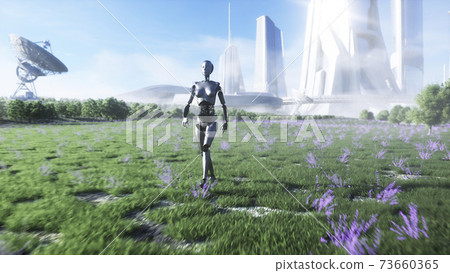 Female robot walks grass field . Sci fi city... - Stock Illustration ...