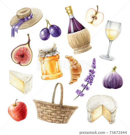 Wine, fruit and cheese watercolor set. Picnic... - Stock Illustration ...