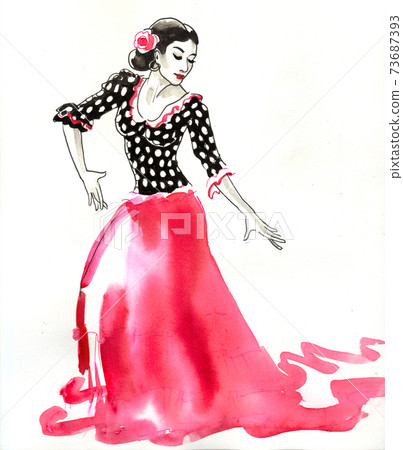 Beautiful Flamenco dancer. Ink and watercolor... - Stock Illustration ...