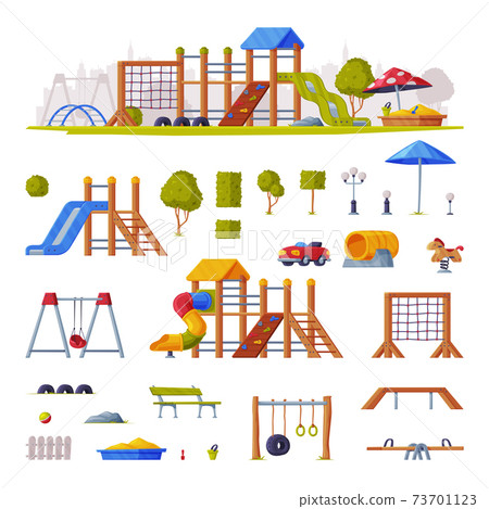 Children Playground Elements with Slide, Swings... - Stock Illustration ...