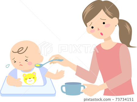 Baby and mother of boys who dislike baby food - Stock Illustration ...
