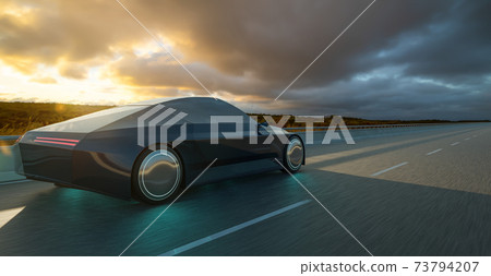 EV concept car run on the road. 3d rendering - Stock Illustration ...