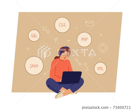 Girl programming. Programmer working, female... - Stock Illustration ...