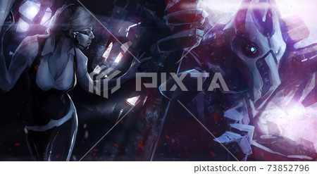 Robot alien monster chasing woman. - Stock Illustration [73852796] - PIXTA