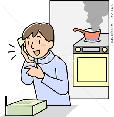 Talk on the phone while cooking and start a fire - Stock Illustration ...