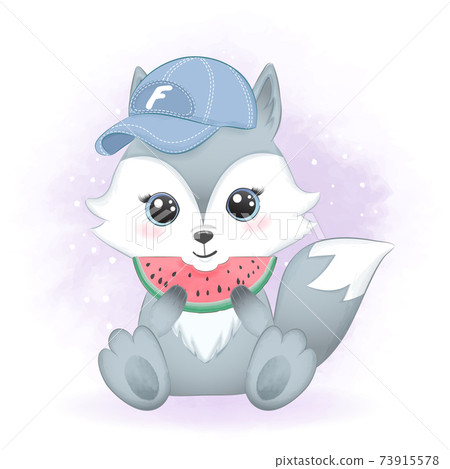 Cute little fox eating watermelon hand drawn... - Stock Illustration ...