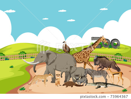Group of wild african animal in the zoo scene - Stock Illustration ...