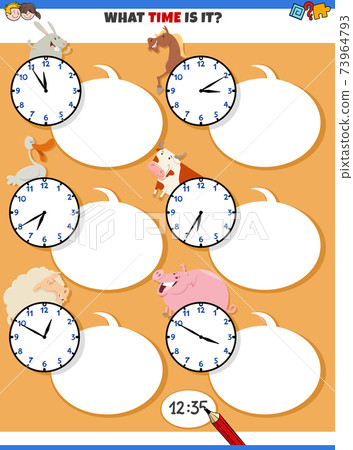 telling time educational game with cartoon farm... - Stock Illustration ...