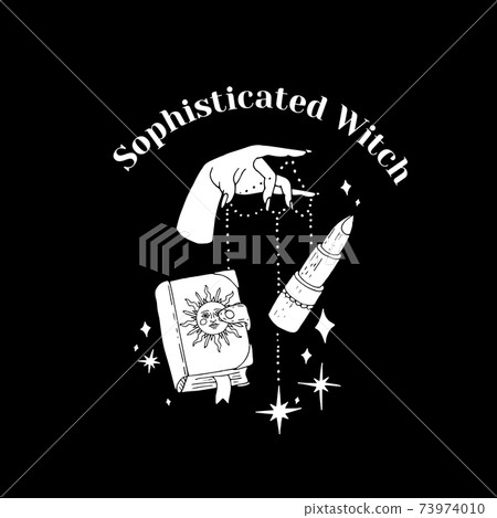 Hand drawn female witch hand holding book and... - Stock Illustration ...