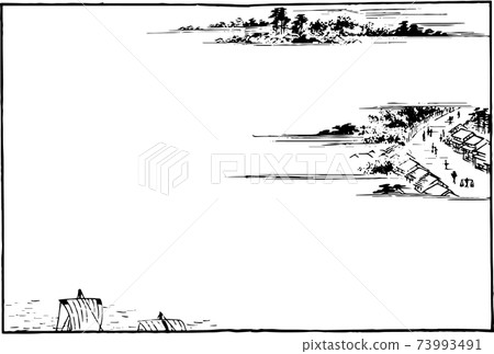 Landscape painting of Edo: Sailing ship in the... - Stock Illustration ...
