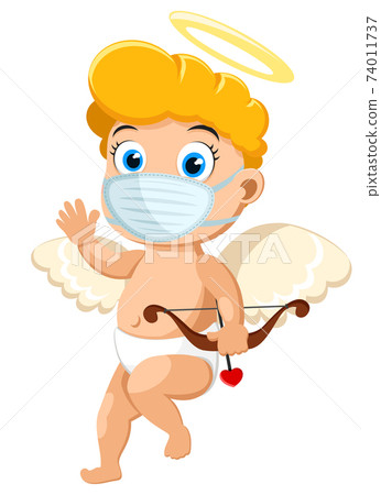 Cupid in a medical mask with a bow and a halo... - Stock Illustration ...