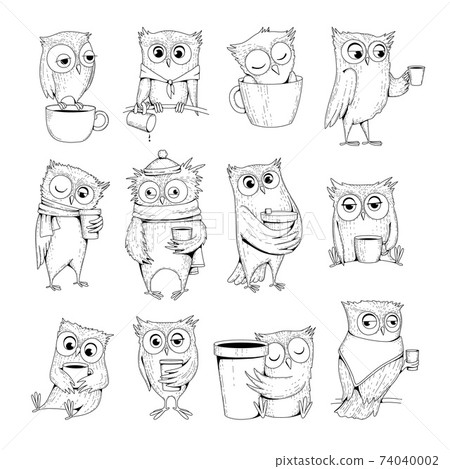 Owl characters. Funny wild night birds with cup... - Stock Illustration ...