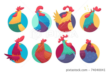 Rooster avatars. Cartoon chicken and roosters,... - Stock Illustration ...