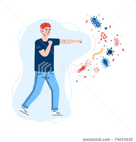 Man fighting with viruses, bacteria with help... - Stock Illustration ...