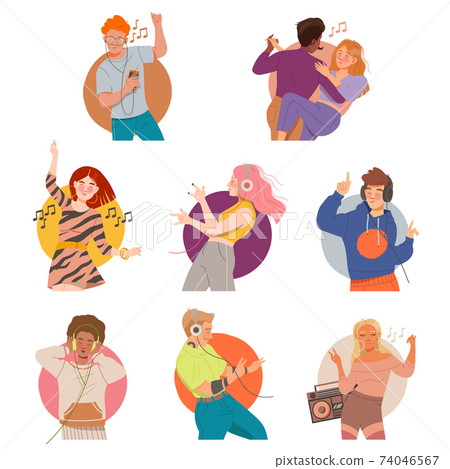 People Characters Listening to Music and Moving... - Stock Illustration ...