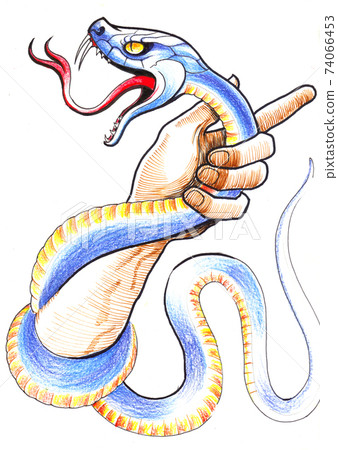 Hand holding snake. Ink and pencil drawing - Stock Illustration ...