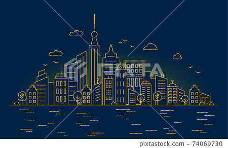 Thin Golden lines. Night big city. Panorama... - Stock Illustration ...