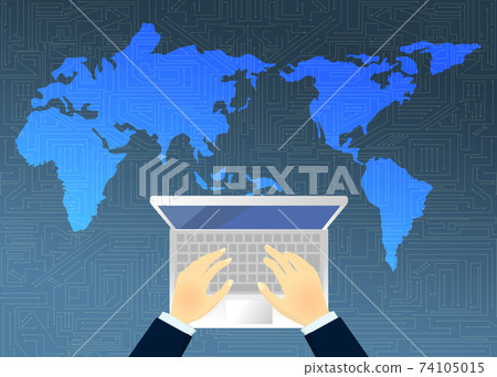 Businessmen working on world maps and laptops - Stock Illustration ...