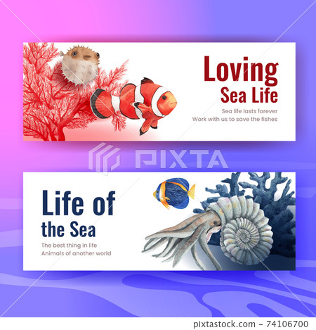 Banner with sea life concept design watercolor... - Stock Illustration ...