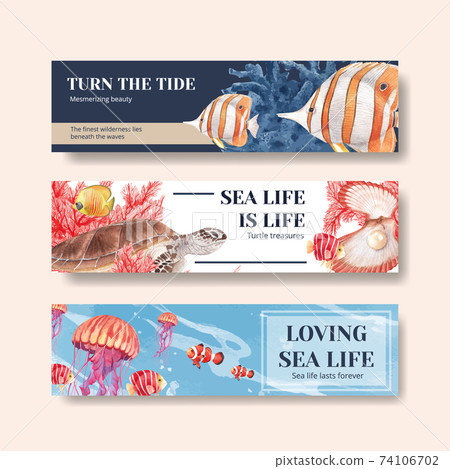 Banner with sea life concept design watercolor... - Stock Illustration ...