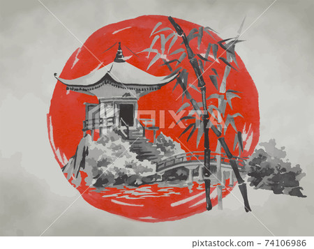 Japan traditional sumi-e painting. Fuji... - Stock Illustration ...