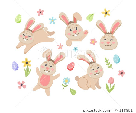Easter bunny set with cute flowers and eggs.... - Stock Illustration ...