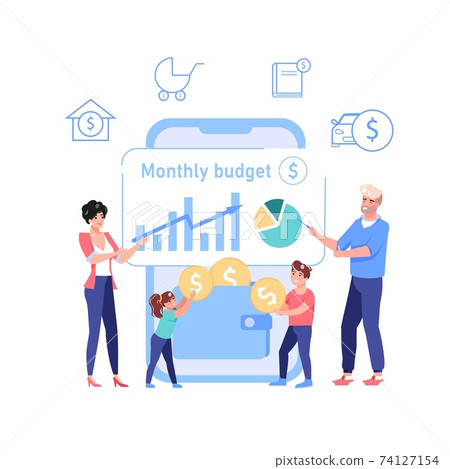 Flat cartoon characters family budget finance... - Stock Illustration ...