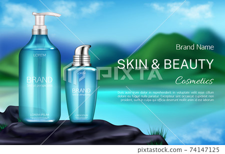 Cosmetics bottle on mountain landscape background - Stock Illustration ...